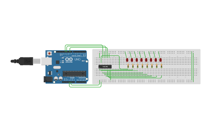 Circuit design 74HC595 Shift Register with 8 LEDS | Tinkercad