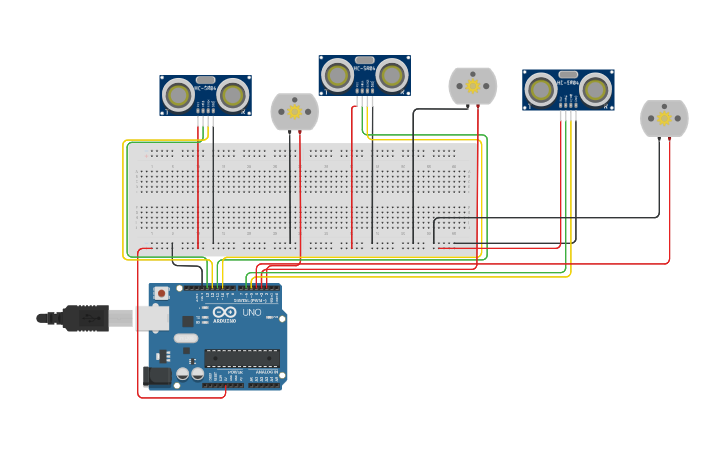Circuit design sensores de proximidad con motores CD - Tinkercad