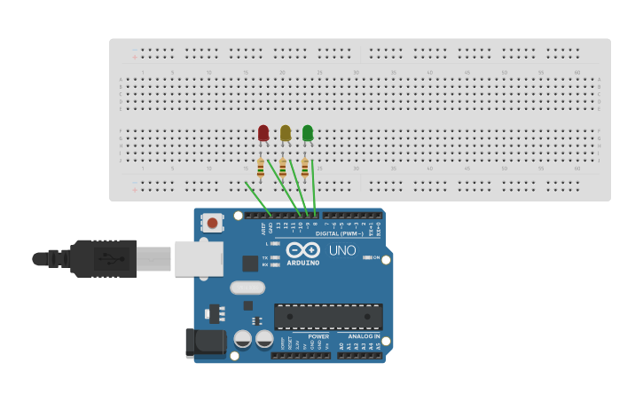 Circuit design Project 3 Traffic Lights - Tinkercad