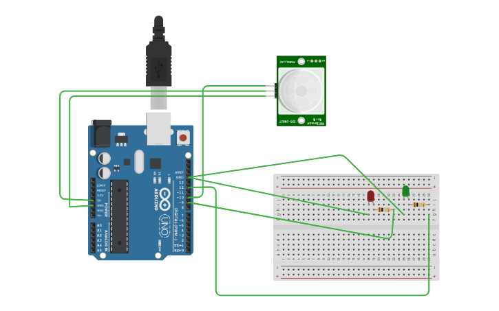 Circuit design pir sensor with led notification red and green - Tinkercad