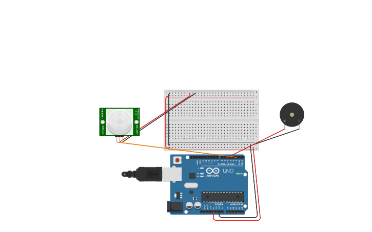 Circuit design sensor pir y alarma - Tinkercad