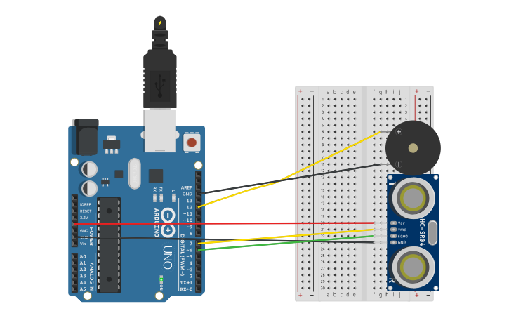 Circuit design prueba buzzer con sensor ultrasonico - Tinkercad