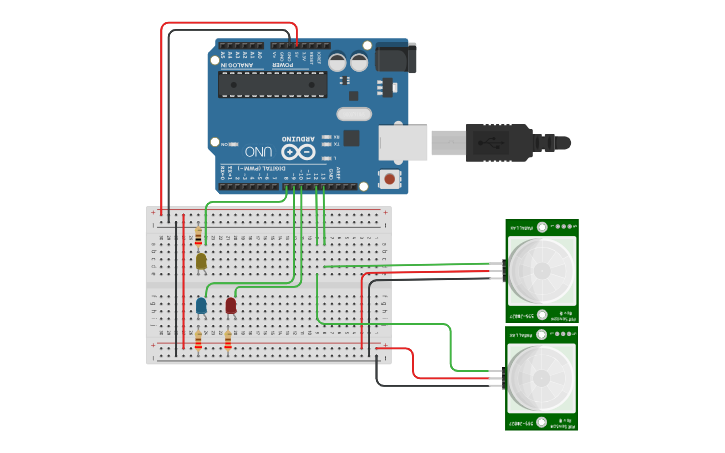 Circuit design PIR CON DIFERENTES LEDS - Tinkercad