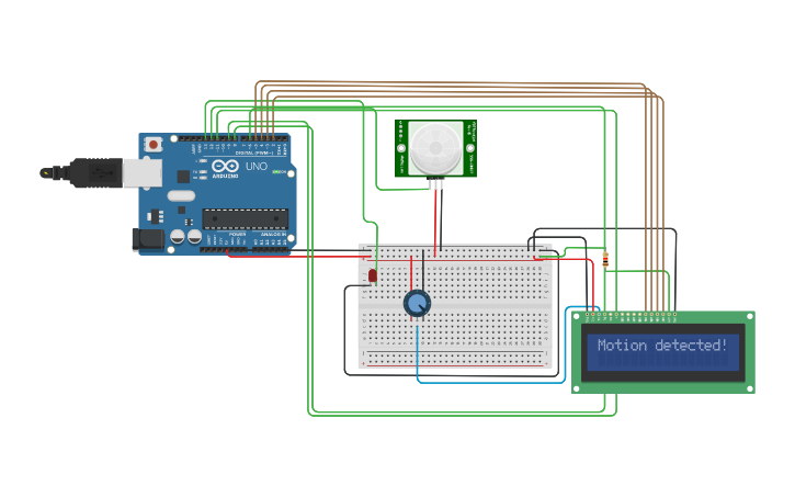 Circuit design Copy of PIR Sensor with LCD - Tinkercad Circuit design Copy of PIR Sensor with LCD - Tinkercad