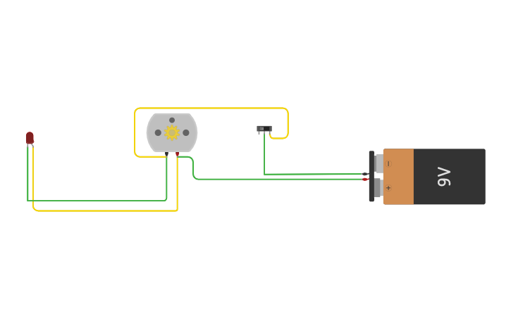 Circuit design dc motor, led, saklar , baterai 9 volt - Tinkercad