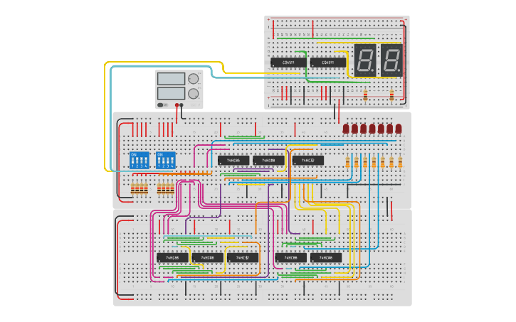 Circuit design 2-digit BCD to 7-bit binary converter - Tinkercad