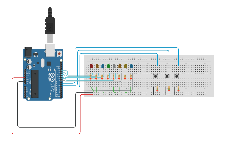 Circuit design 8 Led Glow with Switch Increment and Decrement - Tinkercad