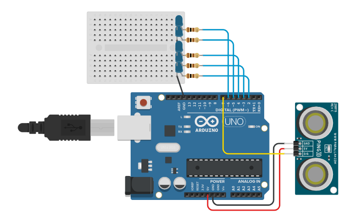 Circuit design Ultrasonic sensor w/ LEDs - Tinkercad