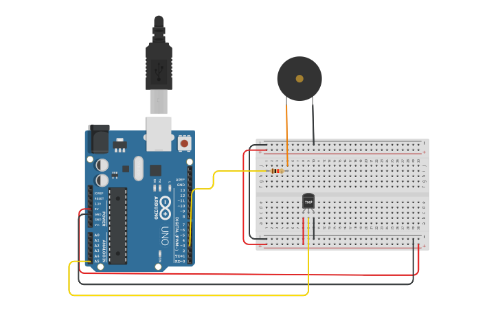 Circuit design TEMPERATURE SENSOR AND PIEZZO BUZZER | Tinkercad