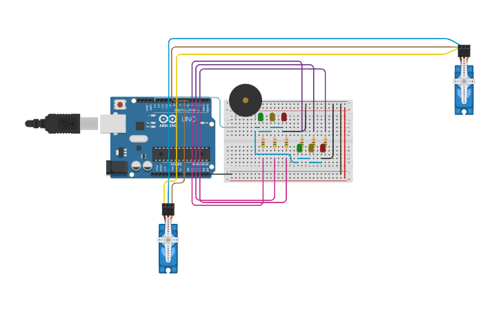 Circuit design Proyecto Arduino #2: Semáforo para paso a nivel - Tinkercad