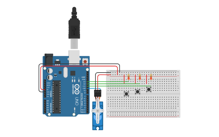 Circuit design 2.Servo Motor e 3 Botões - Tinkercad