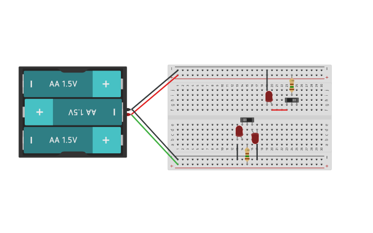 Circuit design Circuito 5: Dos LEDs + Conmutador (sin arduino) - Tinkercad