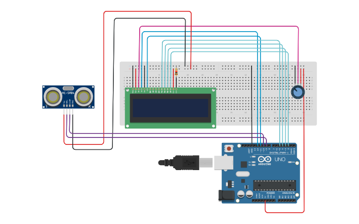 Circuit design sensor de distancia (ultrasónico) | Tinkercad Circuit design sensor de distancia (ultrasónico) | Tinkercad