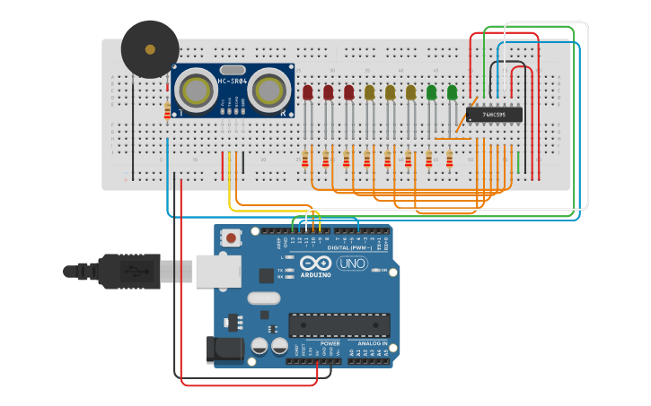 Circuit design Ultrasonic Sensor with LED | Tinkercad