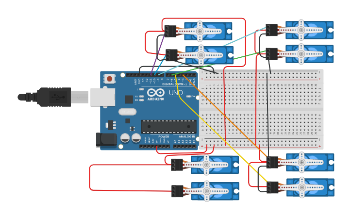 Circuit Design Conexión De 8 Servomotores Tinkercad