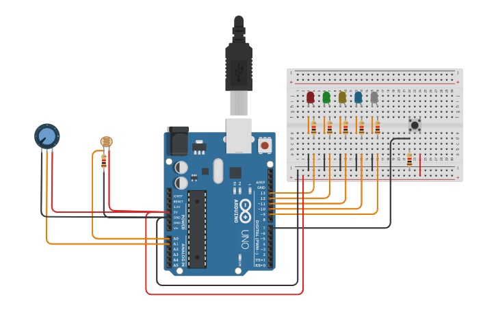 Circuit design LDR,PO, BUTTON, 5 LED - Tinkercad