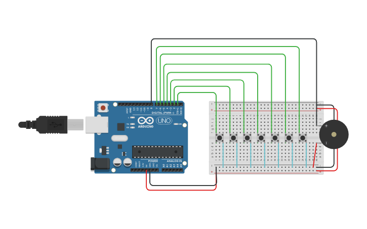 Circuit design Trabalho Arduino - Piano com Buzzer - Tinkercad
