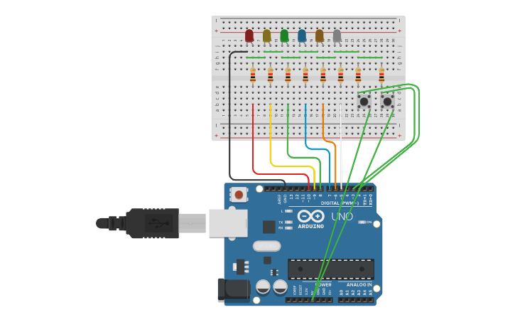 Circuit design pushbutton and 6 LED - Tinkercad