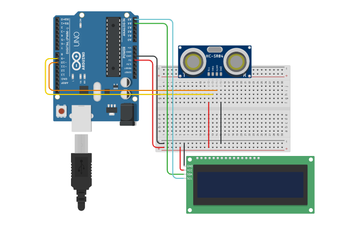 Circuit design ultrasonic with lcd - Tinkercad
