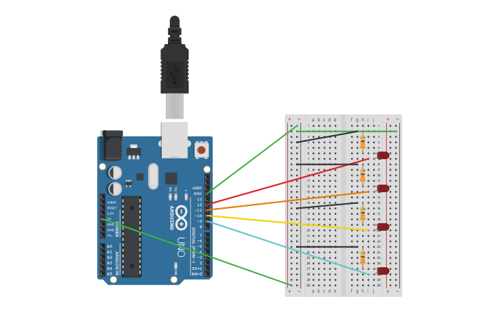 Circuit design Luces del coche fantástico - Bucle FOR - Tinkercad