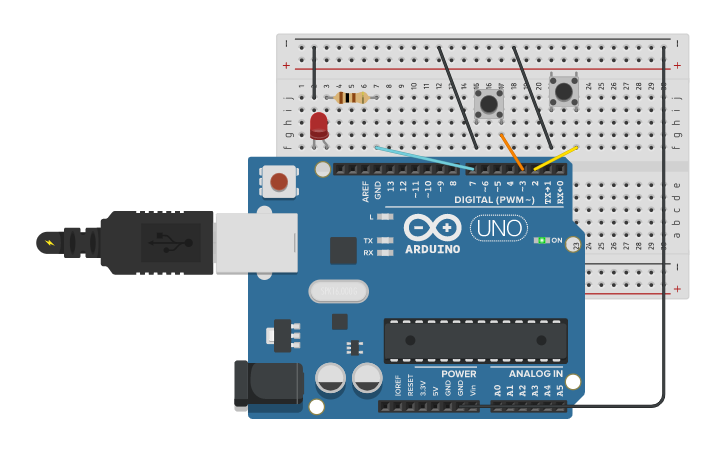 Circuit design LED 2 botões - Tinkercad
