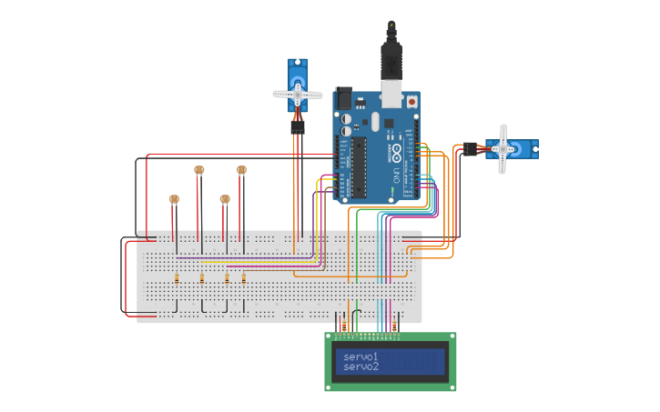 Circuit design Rastreador solar usando LDR, servos e com display LCD - Tinkercad