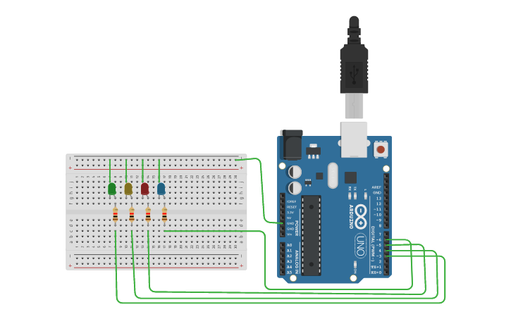 Circuit design Clignoter 4 leds - Tinkercad Circuit design Clignoter 4 leds - Tinkercad