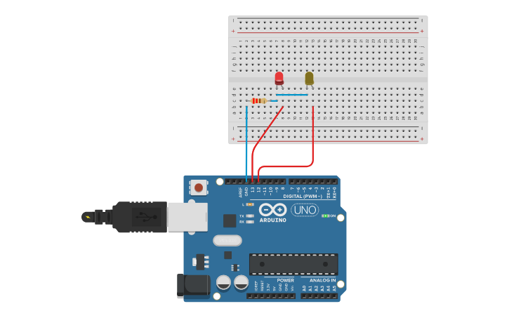 Circuit design 2 Pregunta Encender 2 leds con tiempo de espera - Tinkercad
