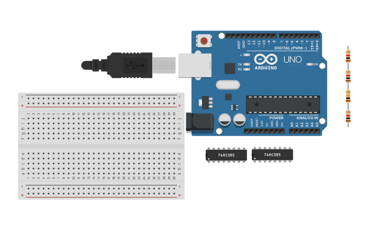 Circuit design jam dengan serial Cascaded ShiftOut - Tinkercad