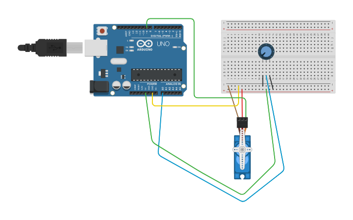 Circuit design using micro servo with potentiometer - Tinkercad