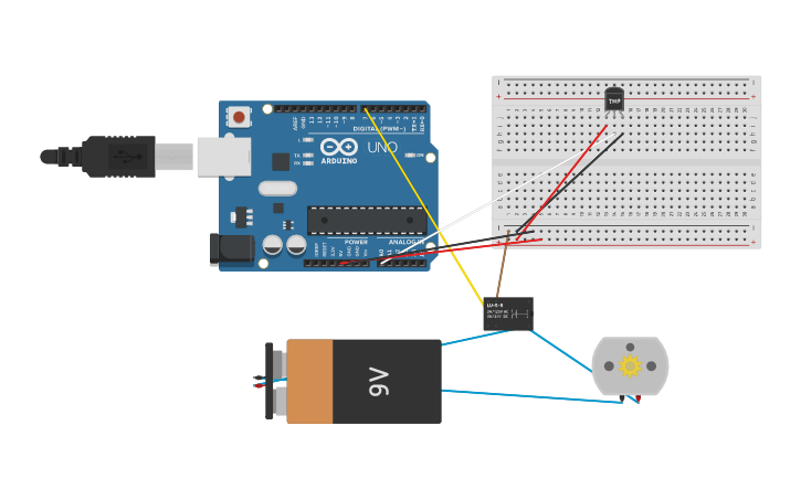 Circuit design Relay and temperature sensor - Tinkercad