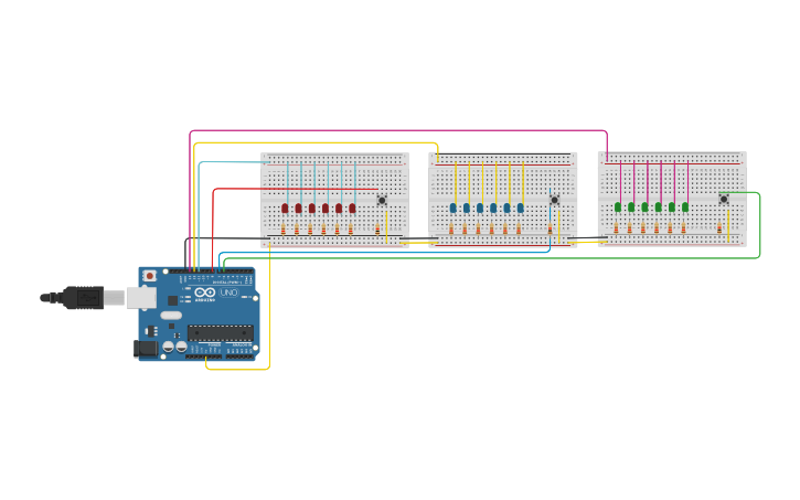 Circuit design Circuito con 18 leds y 3 botones - Tinkercad