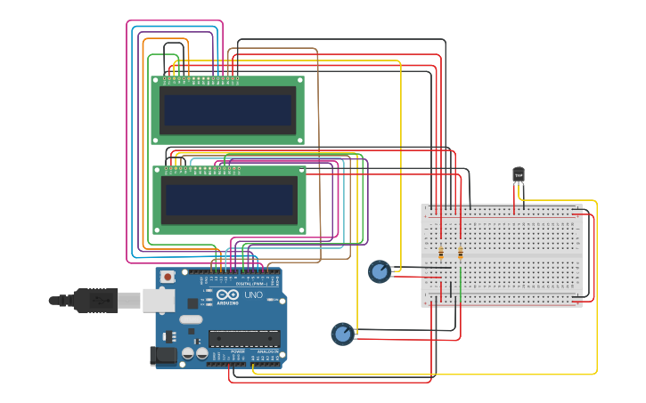 Circuit design Sensor Temperatura e 2 LCD - Tinkercad