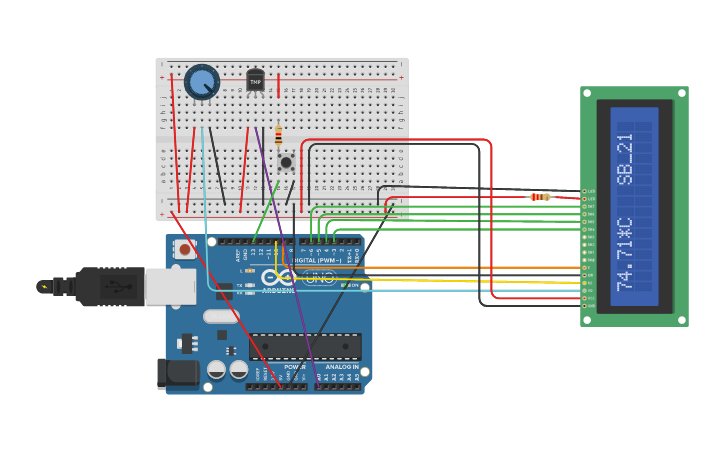 Circuit design LCD Display with temprature sensor - Tinkercad