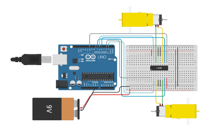 Circuit design 2 motores com ponte H L293D - Tinkercad