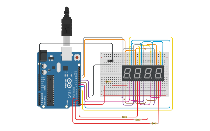Circuit design switch controlled 4 seven-segment displays - Tinkercad