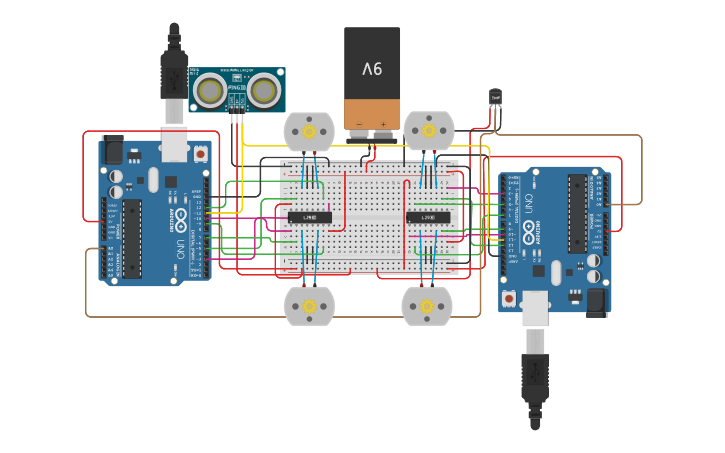 Circuit design Temp and Distance Sensors moving motors - Tinkercad