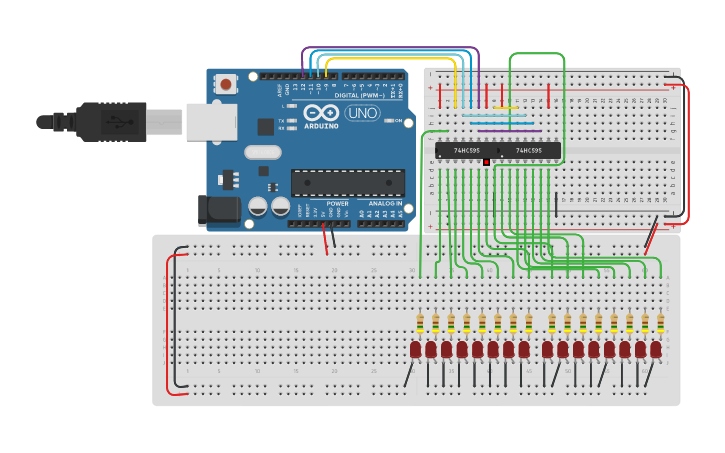 Circuit design 16-bit LED counter - Tinkercad