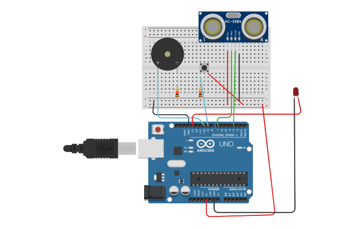 Circuit design Ultrasonic sensor with piezoelectric buzzer - Tinkercad