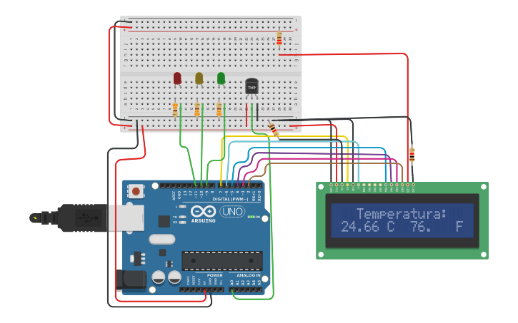 Circuit design sensor de temperatura - Tinkercad Circuit design sensor de temperatura - Tinkercad