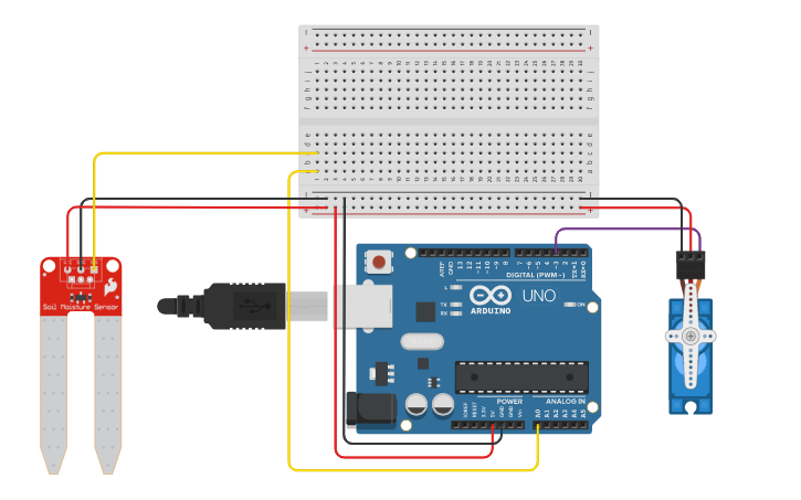 Circuit design Soil moisture servo 0 180 | Tinkercad