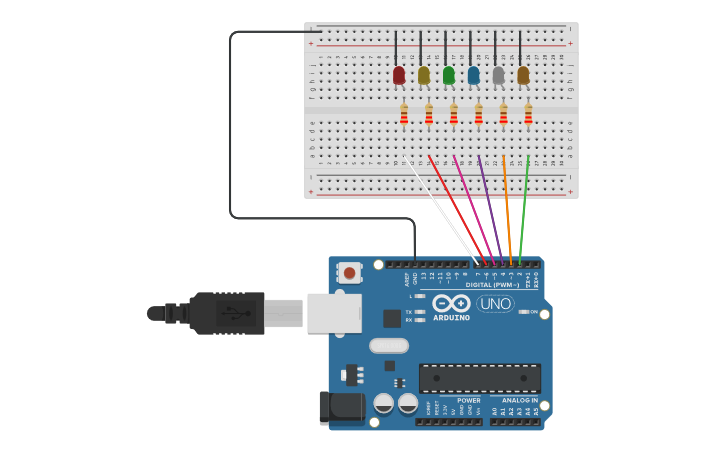 Circuit design ARDUINO (6 LEDS) - Tinkercad