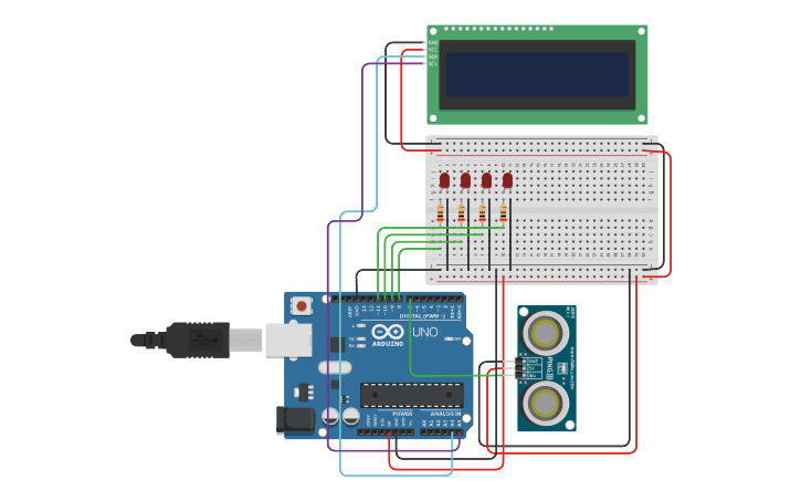 Circuit design Distance Sensor and LCD I2C - Tinkercad