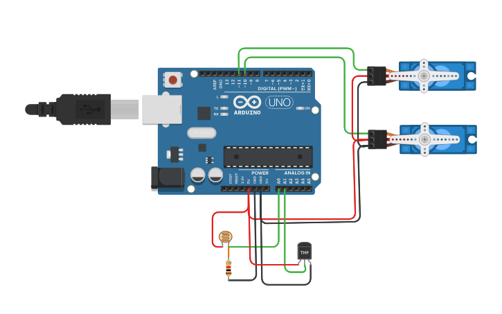 Circuit design 2 servos y 2 sensores | Tinkercad