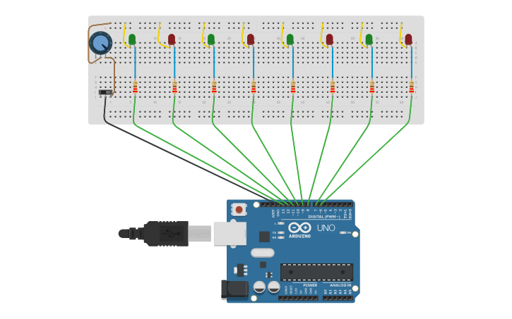 Circuit design 8 LED - Sequential, Reversing ; with Potentiometer and Switch - by BK - Tinkercad