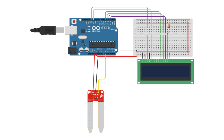Circuit design soil moisture lcd 16x2 - Tinkercad