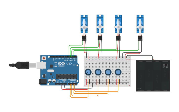Circuit design 4 Servos | Tinkercad