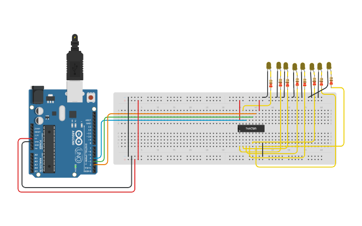 Circuit design Arduino y 74HC595 - Escribir números del 0 al 255 | Tinkercad
