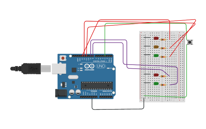 Circuit design Copy of Copy of Ampel mit Taster - Tinkercad