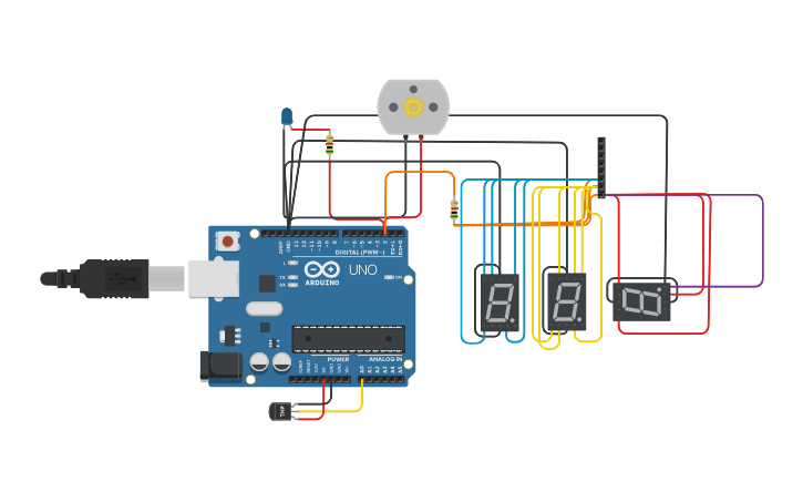 Circuit design LED-Motor-Temp Sensor with 7 Segment Display - Tinkercad